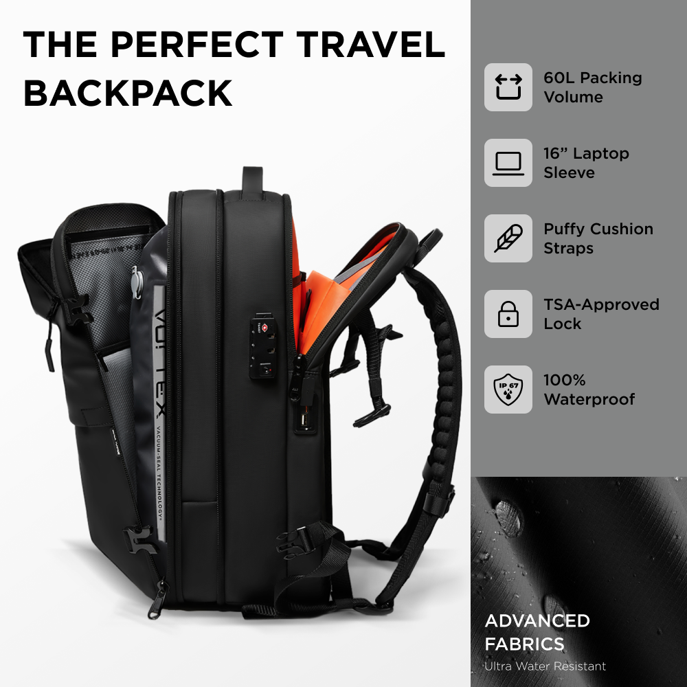 Aero 60L Vacuum-Seal Air Compression Travel Backpack – Black Voyage